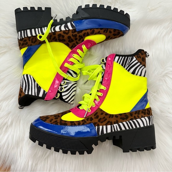 Shoes | Nwot Cape Robin Funky Neon Animal Print Commander Combat Boots ...